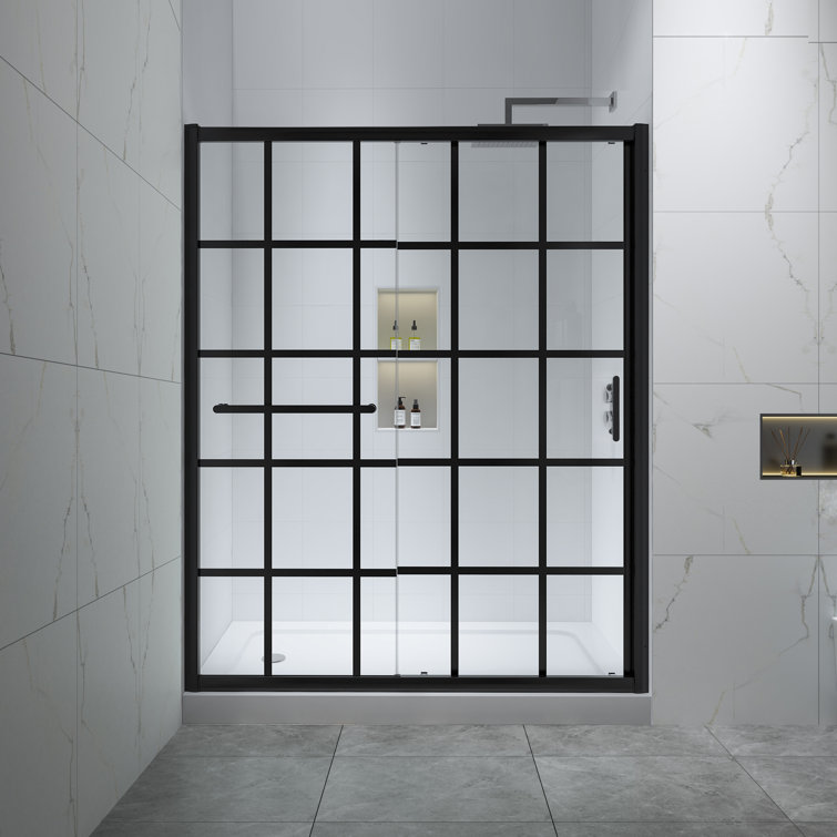 Borealis 54" W x 72" H Single Sliding Aluminum Framed Black-Grid Shower Door with Heat Soaking ...